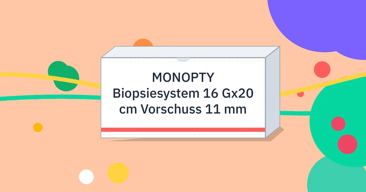Symbolbild: Packung mit der Aufschrift MONOPTY Biopsiesystem 16 Gx20 cm Vorschuss 11 mm (PZN 03473012) – Verfügbarkeit und Bezug in Apotheken in Frankfurt am Main