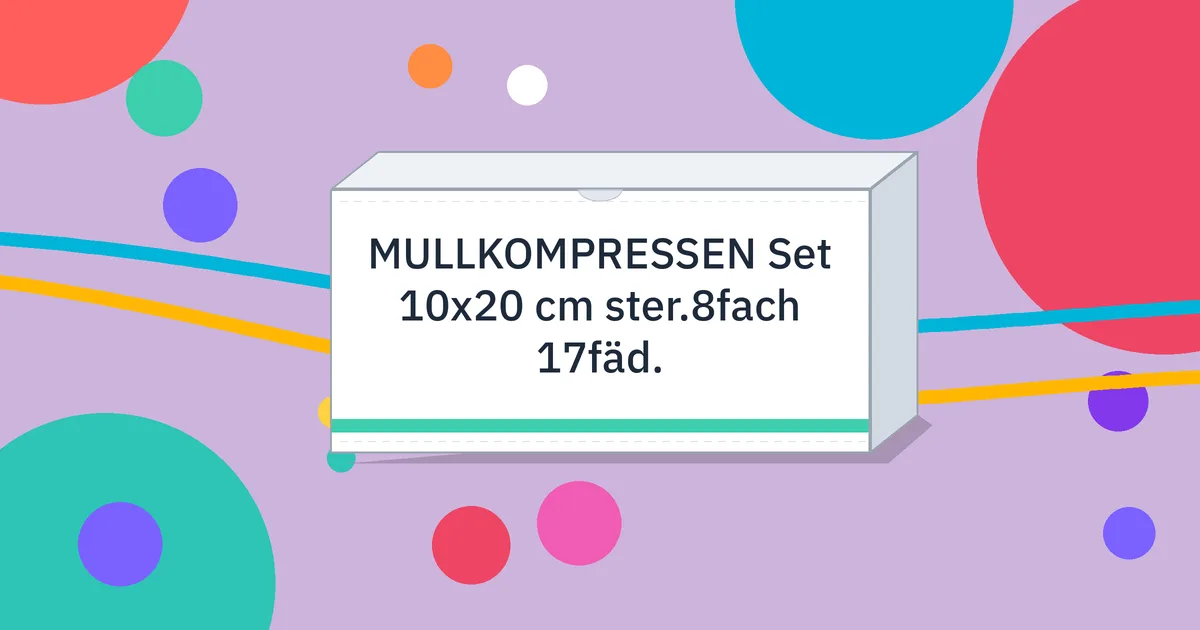 Symbolbild: Packung mit der Aufschrift MULLKOMPRESSEN Set 10x20 cm ster.8fach 17fäd. (PZN 06929748) – Verfügbarkeit und Bezug in Apotheken in Frankfurt am Main