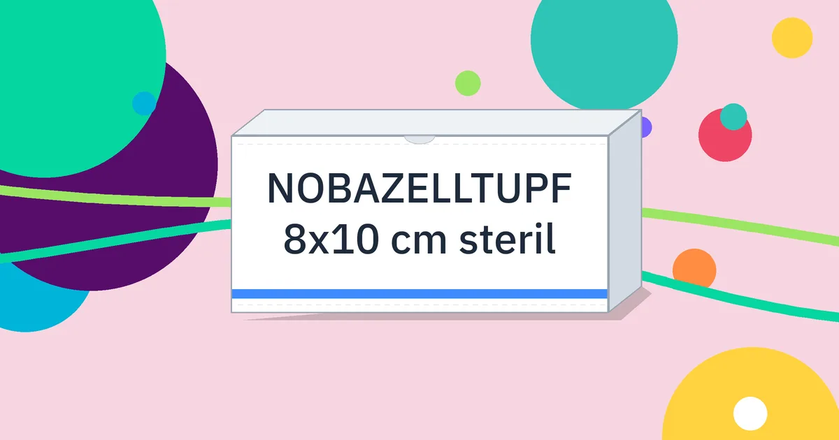 Symbolbild: Packung mit der Aufschrift NOBAZELLTUPF 8x10 cm steril (PZN 09489215) – Verfügbarkeit und Bezug in Apotheken in Frankfurt am Main