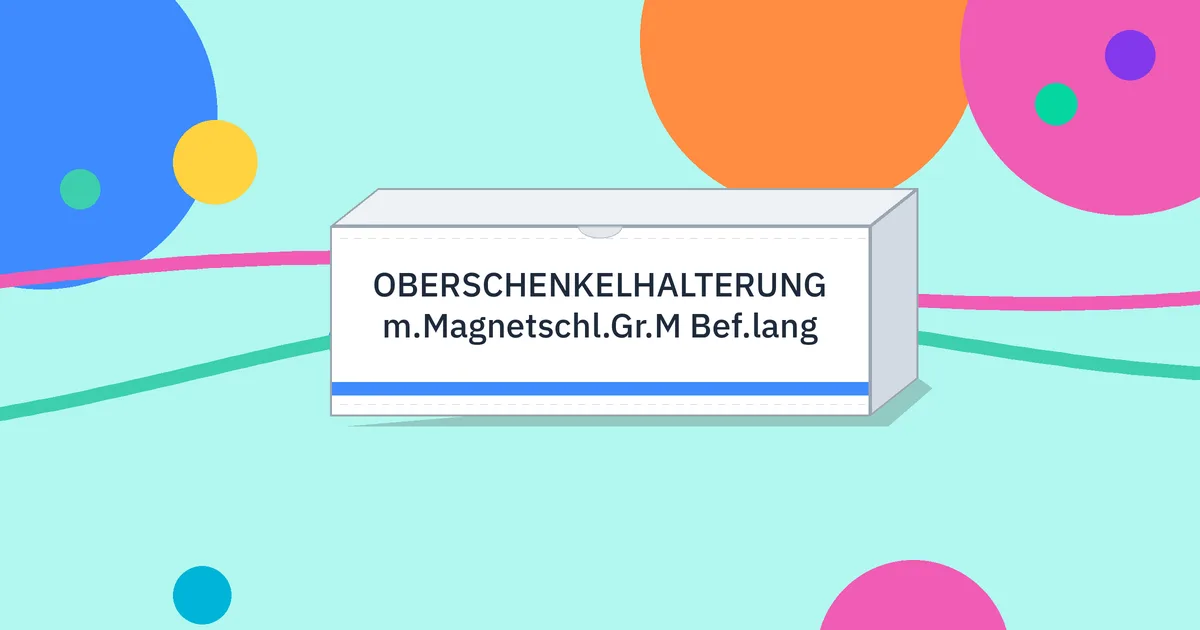 Symbolbild: Packung mit der Aufschrift OBERSCHENKELHALTERUNG m.Magnetschl.Gr.M Bef.lang (PZN 09168190) – Verfügbarkeit und Bezug in Apotheken in Frankfurt am Main