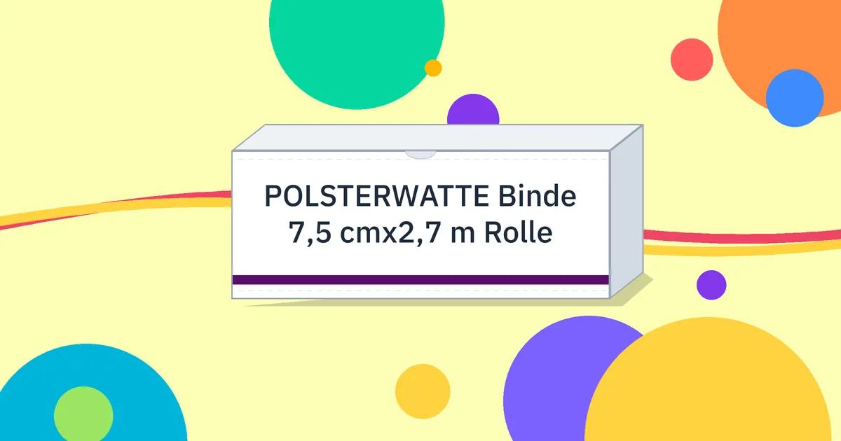 Symbolbild: Packung mit der Aufschrift POLSTERWATTE Binde 7,5 cmx2,7 m Rolle (PZN 19523597) – Verfügbarkeit und Bezug in Apotheken in Frankfurt am Main