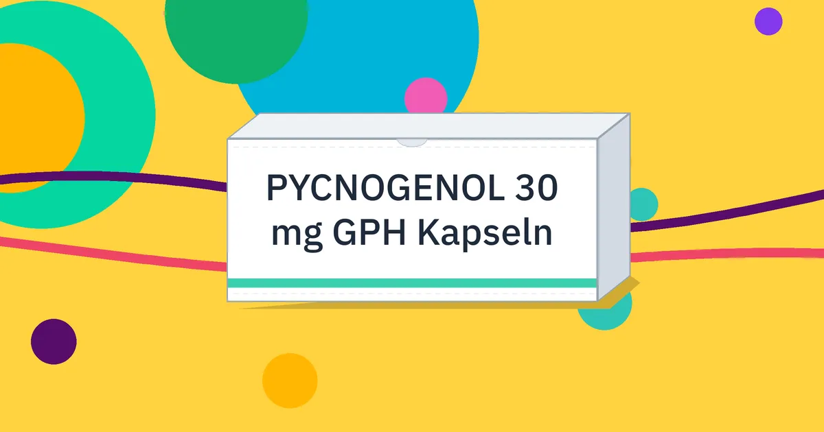 Symbolbild: Packung mit der Aufschrift PYCNOGENOL 30 mg GPH Kapseln (PZN 09188198) – Verfügbarkeit und Bezug in Apotheken in Frankfurt am Main