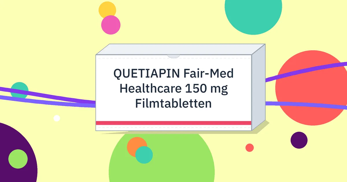 Symbolbild: Packung mit der Aufschrift QUETIAPIN Fair-Med Healthcare 150 mg Filmtabletten (PZN 14167838) – Verfügbarkeit und Bezug in Apotheken in Frankfurt am Main