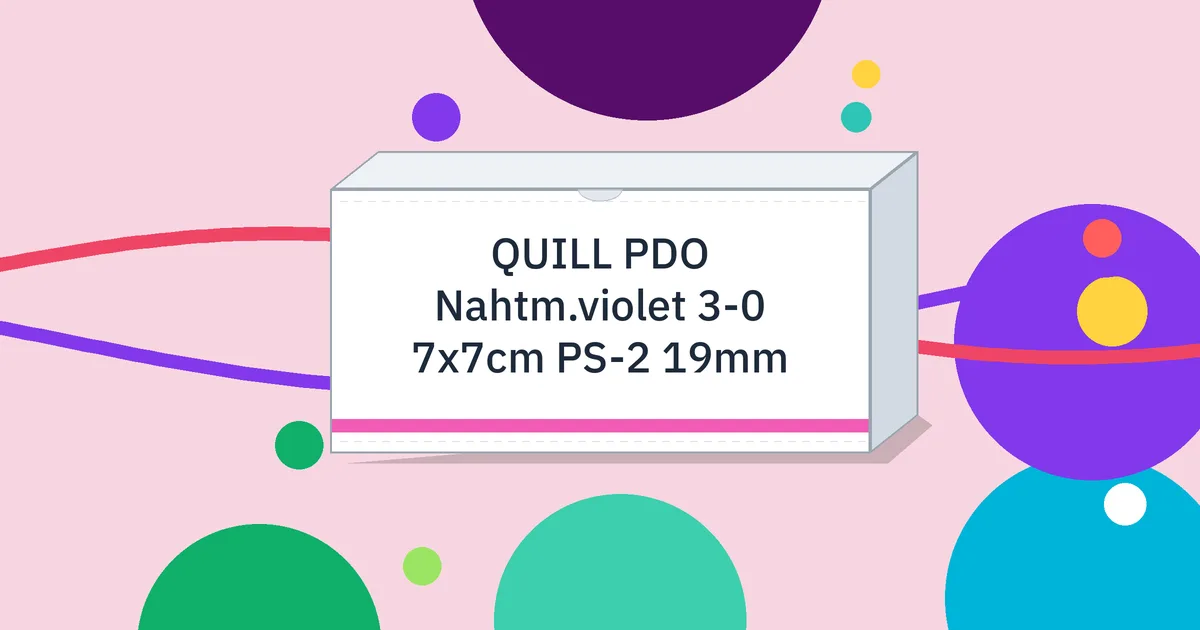 Symbolbild: Packung mit der Aufschrift QUILL PDO Nahtm.violet 3-0 7x7cm PS-2 19mm (PZN 17989357) – Verfügbarkeit und Bezug in Apotheken in Frankfurt am Main