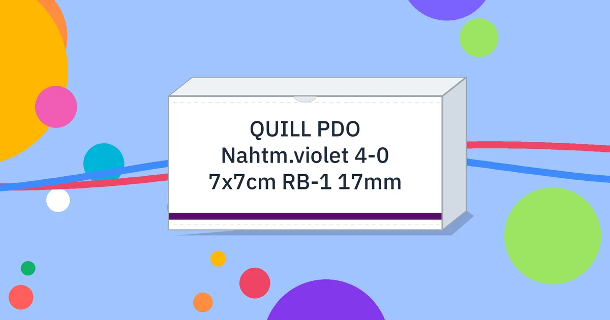 Symbolbild: Packung mit der Aufschrift QUILL PDO Nahtm.violet 4-0 7x7cm RB-1 17mm (PZN 17989819) – Verfügbarkeit und Bezug in Apotheken in Frankfurt am Main