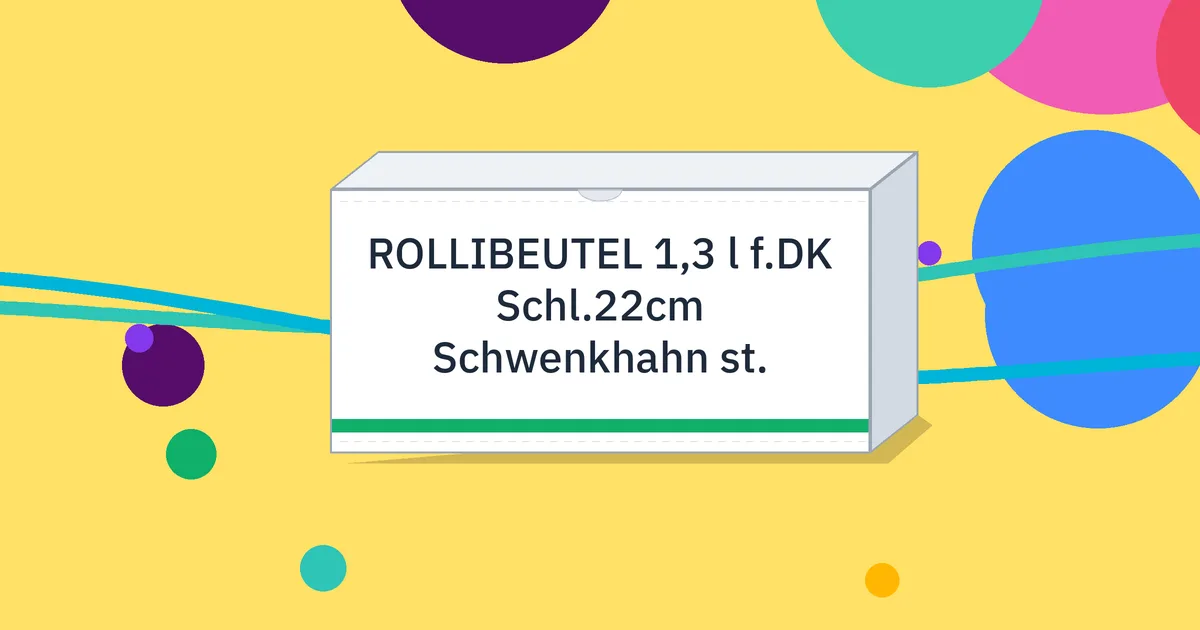 Symbolbild: Packung mit der Aufschrift ROLLIBEUTEL 1,3 l f.DK Schl.22cm Schwenkhahn st. (PZN 06094580) – Verfügbarkeit und Bezug in Apotheken in Frankfurt am Main