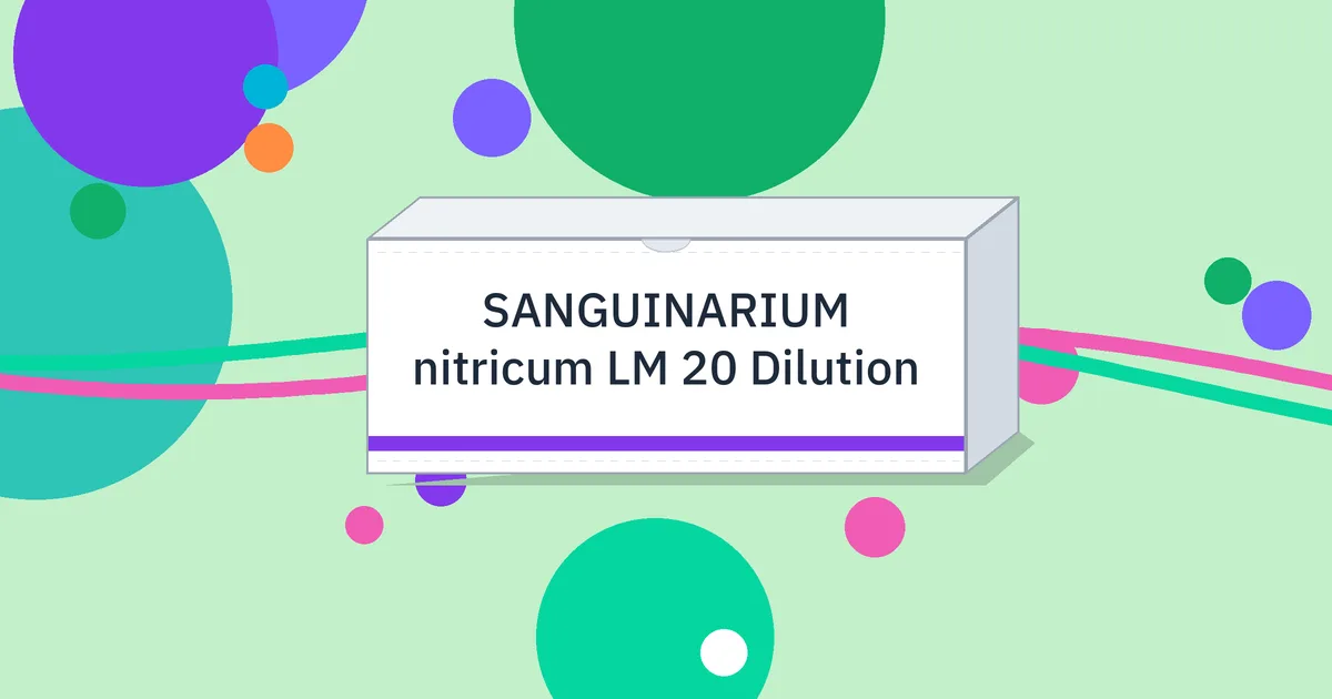 Symbolbild: Packung mit der Aufschrift SANGUINARIUM nitricum LM 20 Dilution (PZN 13181799) – Verfügbarkeit und Bezug in Apotheken in Frankfurt am Main