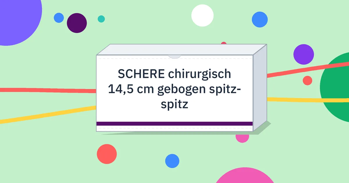 Symbolbild: Packung mit der Aufschrift SCHERE chirurgisch 14,5 cm gebogen spitz-spitz (PZN 09330590) – Verfügbarkeit und Bezug in Apotheken in Frankfurt am Main