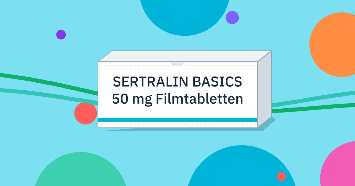 Symbolbild: Packung mit der Aufschrift SERTRALIN BASICS 50 mg Filmtabletten (PZN 00596866) – Verfügbarkeit und Bezug in Apotheken in Frankfurt am Main