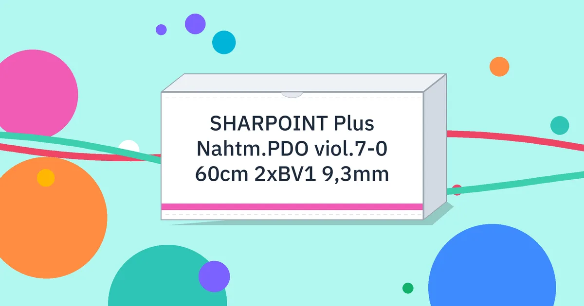 Symbolbild: Packung mit der Aufschrift SHARPOINT Plus Nahtm.PDO viol.7-0 60cm 2xBV1 9,3mm (PZN 17994370) – Verfügbarkeit und Bezug in Apotheken in Frankfurt am Main