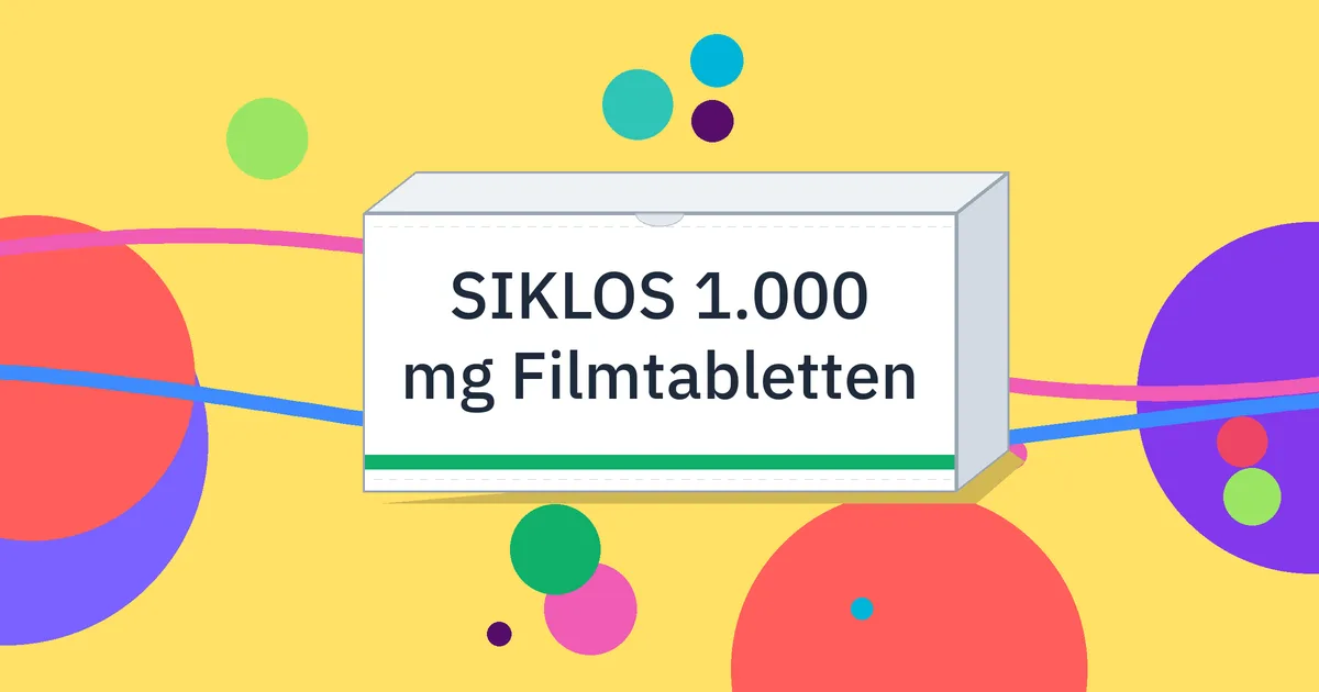 Symbolbild: Packung mit der Aufschrift SIKLOS 1.000 mg Filmtabletten (PZN 12531949) – Verfügbarkeit und Bezug in Apotheken in Frankfurt am Main