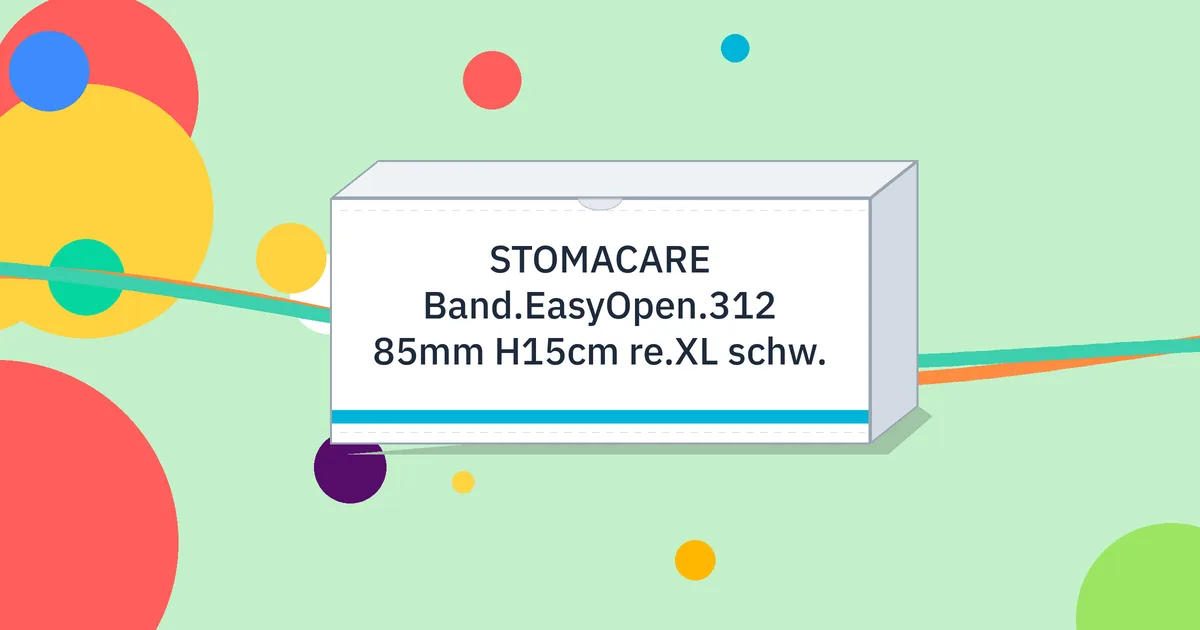 Symbolbild: Packung mit der Aufschrift STOMACARE Band.EasyOpen.312 85mm H15cm re.XL schw. (PZN 09438100) – Verfügbarkeit und Bezug in Apotheken in Frankfurt am Main