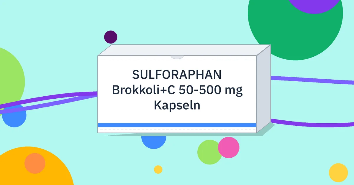 Symbolbild: Packung mit der Aufschrift SULFORAPHAN Brokkoli+C 50-500 mg Kapseln (PZN 18129556) – Verfügbarkeit und Bezug in Apotheken in Frankfurt am Main