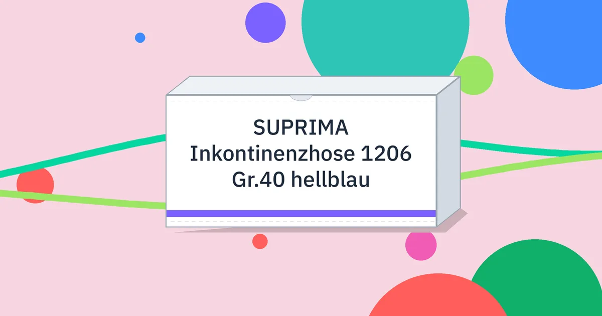 Symbolbild: Packung mit der Aufschrift SUPRIMA Inkontinenzhose 1206 Gr.40 hellblau (PZN 03021818) – Verfügbarkeit und Bezug in Apotheken in Frankfurt am Main