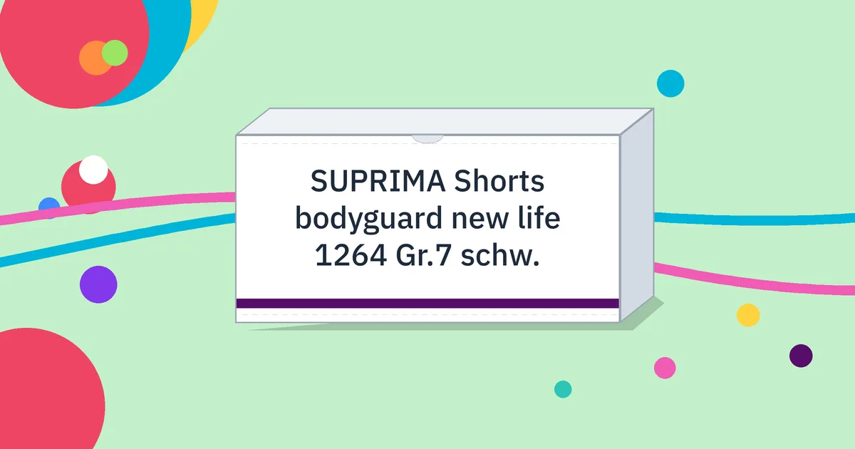 Symbolbild: Packung mit der Aufschrift SUPRIMA Shorts bodyguard new life 1264 Gr.7 schw. (PZN 18401136) – Verfügbarkeit und Bezug in Apotheken in Frankfurt am Main