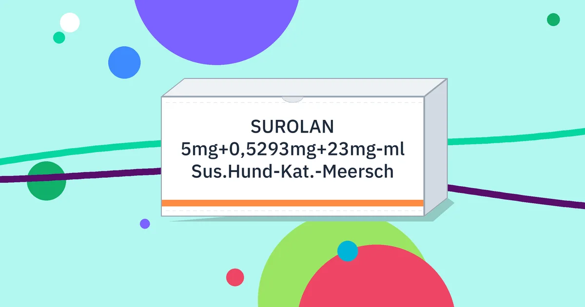 Symbolbild: Packung mit der Aufschrift SUROLAN 5mg+0,5293mg+23mg-ml Sus.Hund-Kat.-Meersch (PZN 18097684) – Verfügbarkeit und Bezug in Apotheken in Frankfurt am Main