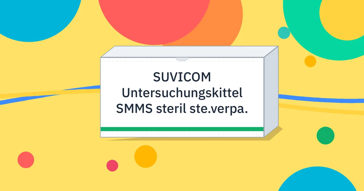 Symbolbild: Packung mit der Aufschrift SUVICOM Untersuchungskittel SMMS steril ste.verpa. (PZN 17539772) – Verfügbarkeit und Bezug in Apotheken in Frankfurt am Main