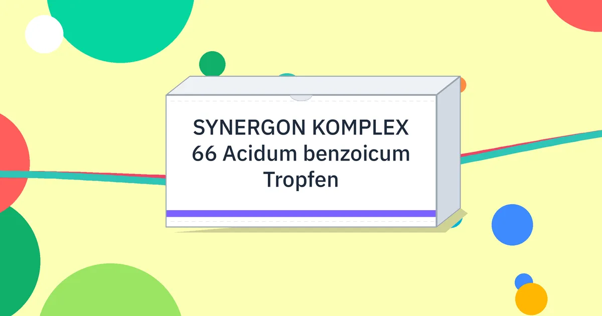 Symbolbild: Packung mit der Aufschrift SYNERGON KOMPLEX 66 Acidum benzoicum Tropfen (PZN 01855620) – Verfügbarkeit und Bezug in Apotheken in Frankfurt am Main
