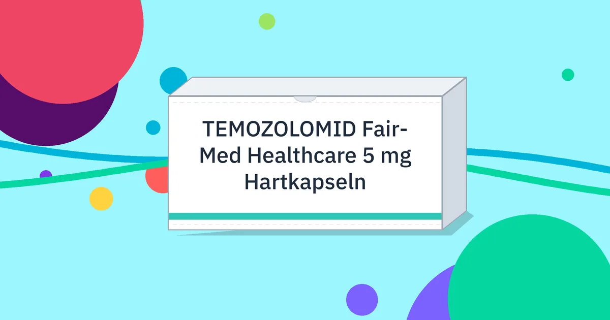 Symbolbild: Packung mit der Aufschrift TEMOZOLOMID Fair-Med Healthcare 5 mg Hartkapseln (PZN 14167956) – Verfügbarkeit und Bezug in Apotheken in Frankfurt am Main