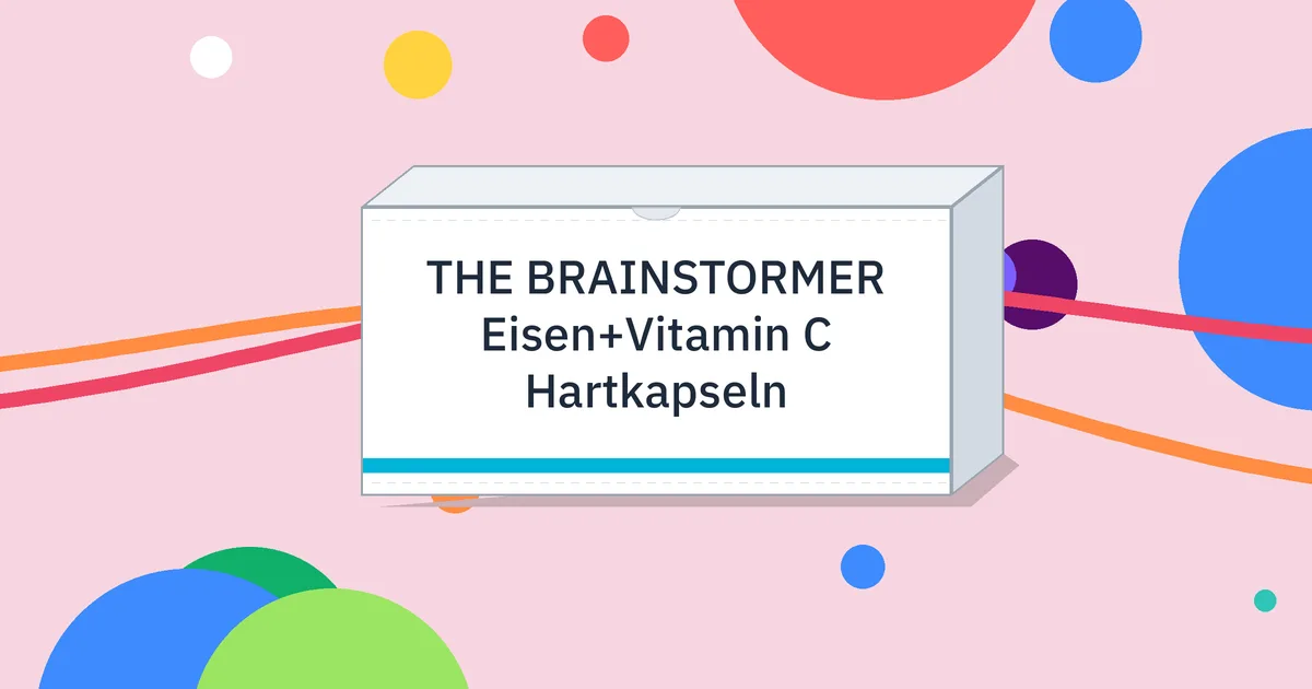 Symbolbild: Packung mit der Aufschrift THE BRAINSTORMER Eisen+Vitamin C Hartkapseln (PZN 19377368) – Verfügbarkeit und Bezug in Apotheken in Frankfurt am Main