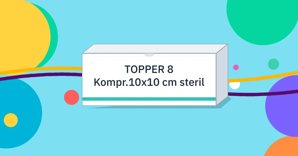 Symbolbild: Packung mit der Aufschrift TOPPER 8 Kompr.10x10 cm steril (PZN 05509501) – Verfügbarkeit und Bezug in Apotheken in Frankfurt am Main