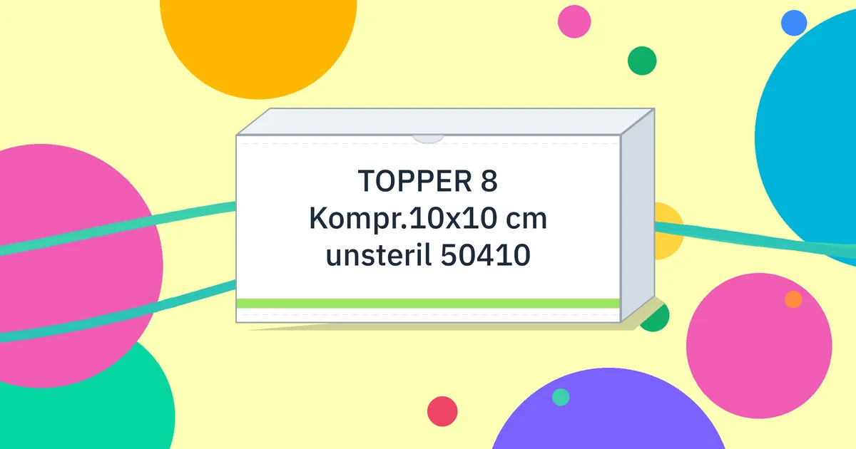 Symbolbild: Packung mit der Aufschrift TOPPER 8 Kompr.10x10 cm unsteril 50410 (PZN 15403287) – Verfügbarkeit und Bezug in Apotheken in Frankfurt am Main