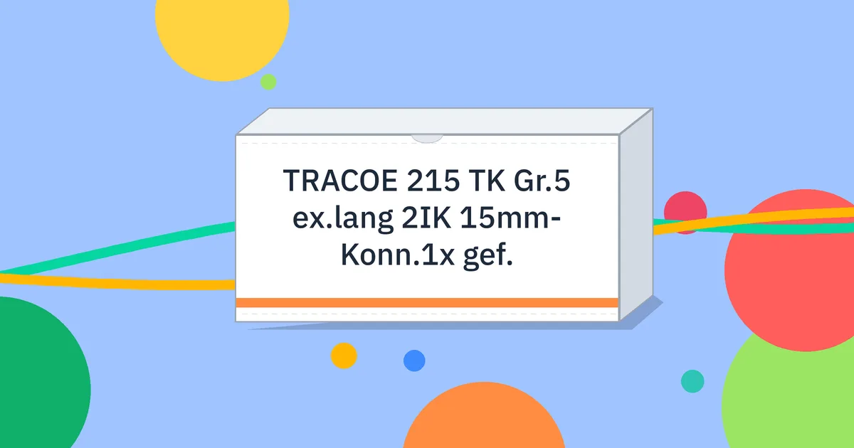 Symbolbild: Packung mit der Aufschrift TRACOE 215 TK Gr.5 ex.lang 2IK 15mm-Konn.1x gef. (PZN 11643592) – Verfügbarkeit und Bezug in Apotheken in Frankfurt am Main