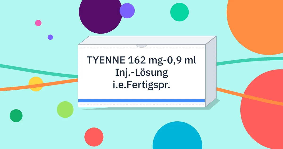 Symbolbild: Packung mit der Aufschrift TYENNE 162 mg-0,9 ml Inj.-Lösung i.e.Fertigspr. (PZN 19175860) – Verfügbarkeit und Bezug in Apotheken in Frankfurt am Main