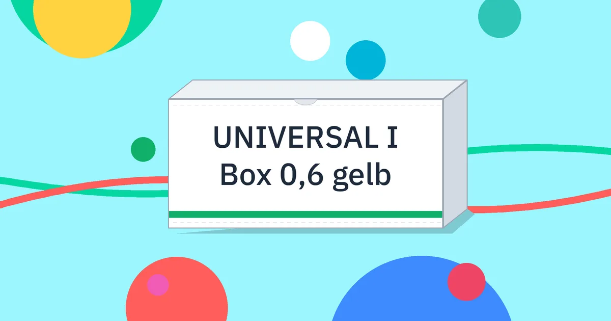 Symbolbild: Packung mit der Aufschrift UNIVERSAL I Box 0,6 gelb (PZN 07597403) – Verfügbarkeit und Bezug in Apotheken in Frankfurt am Main