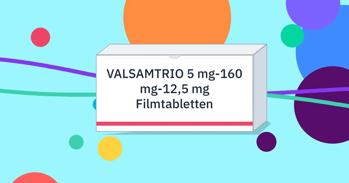 Symbolbild: Packung mit der Aufschrift VALSAMTRIO 5 mg-160 mg-12,5 mg Filmtabletten (PZN 19442232) – Verfügbarkeit und Bezug in Apotheken in Frankfurt am Main