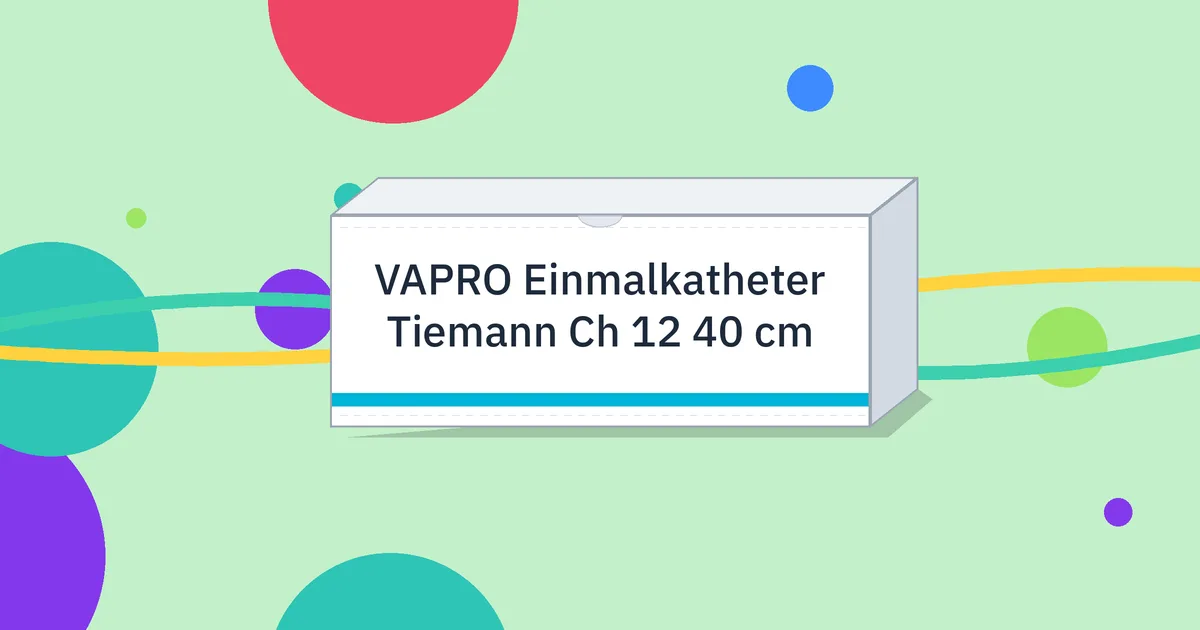 Symbolbild: Packung mit der Aufschrift VAPRO Einmalkatheter Tiemann Ch 12 40 cm (PZN 13751216) – Verfügbarkeit und Bezug in Apotheken in Frankfurt am Main