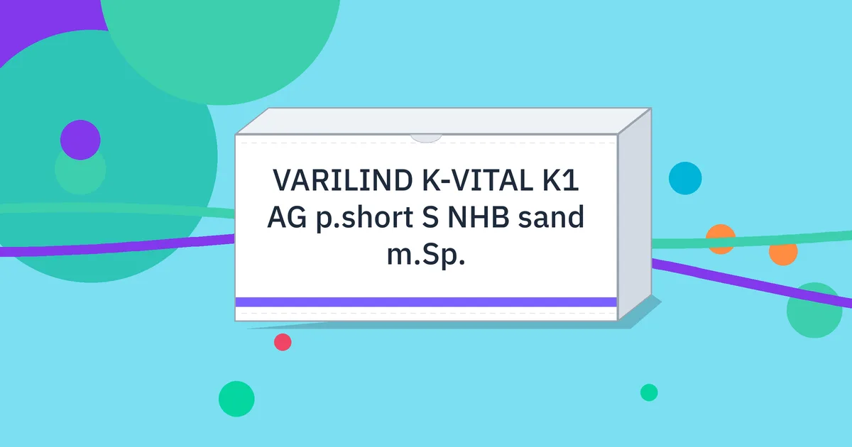 Symbolbild: Packung mit der Aufschrift VARILIND K-VITAL K1 AG p.short S NHB sand m.Sp. (PZN 20562734) – Verfügbarkeit und Bezug in Apotheken in Frankfurt am Main