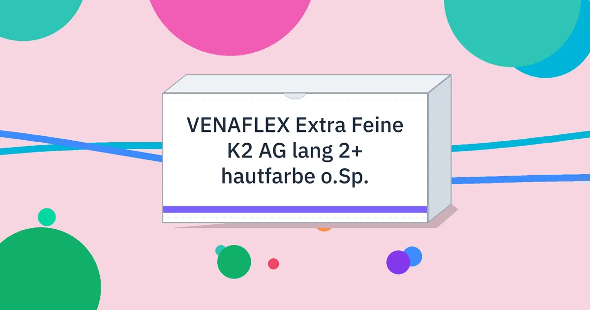 Symbolbild: Packung mit der Aufschrift VENAFLEX Extra Feine K2 AG lang 2+ hautfarbe o.Sp. (PZN 18308388) – Verfügbarkeit und Bezug in Apotheken in Frankfurt am Main
