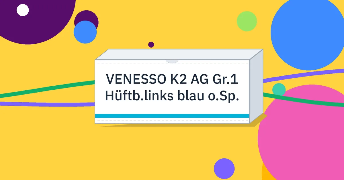 Symbolbild: Packung mit der Aufschrift VENESSO K2 AG Gr.1 Hüftb.links blau o.Sp. (PZN 03268677) – Verfügbarkeit und Bezug in Apotheken in Frankfurt am Main