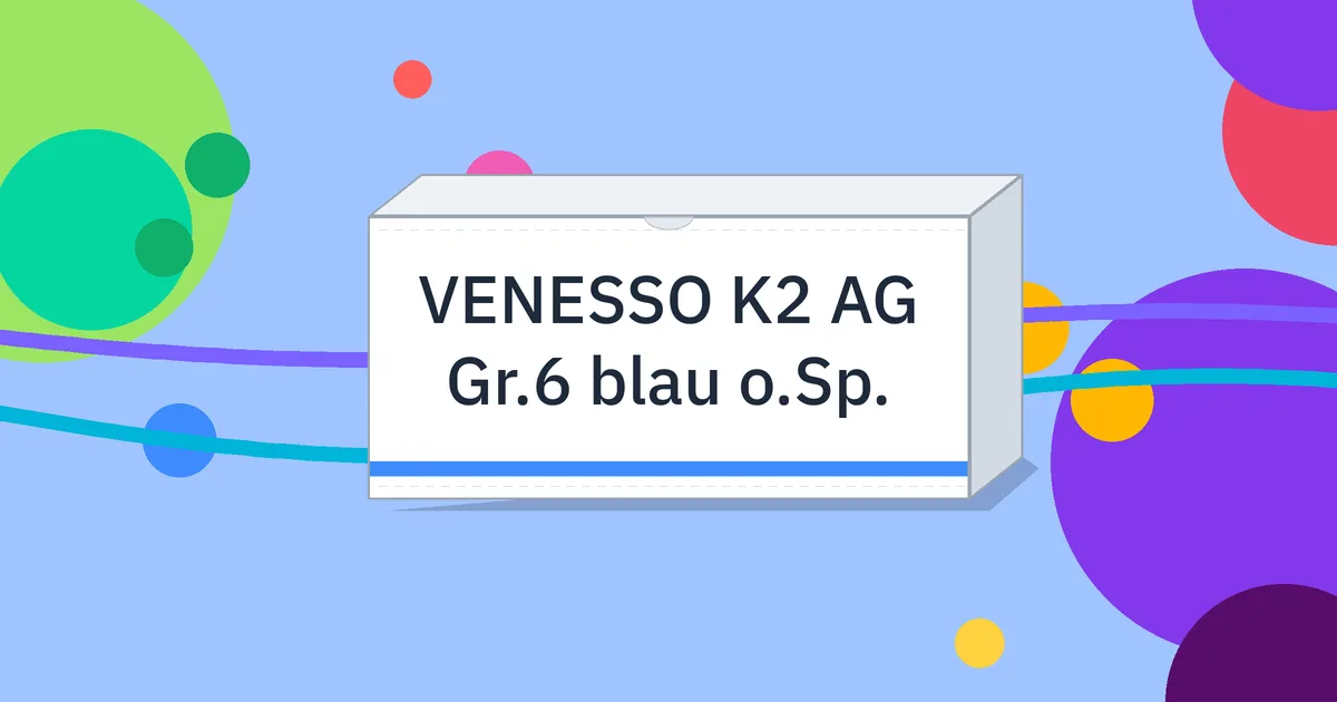 Symbolbild: Packung mit der Aufschrift VENESSO K2 AG Gr.6 blau o.Sp. (PZN 03280589) – Verfügbarkeit und Bezug in Apotheken in Frankfurt am Main
