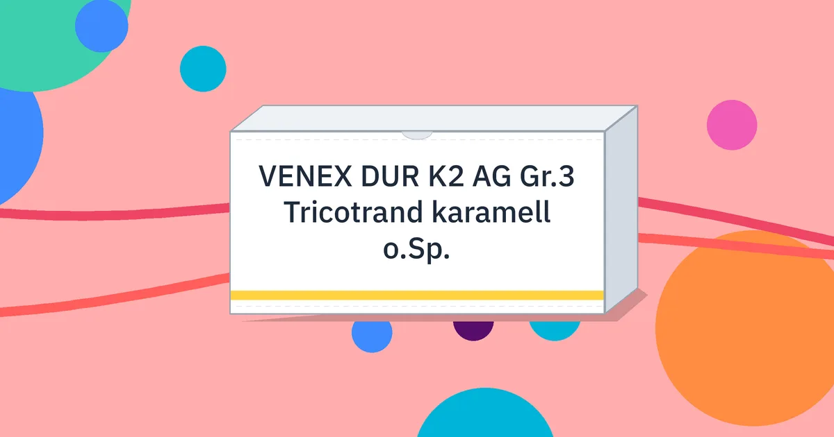 Symbolbild: Packung mit der Aufschrift VENEX DUR K2 AG Gr.3 Tricotrand karamell o.Sp. (PZN 13762898) – Verfügbarkeit und Bezug in Apotheken in Frankfurt am Main