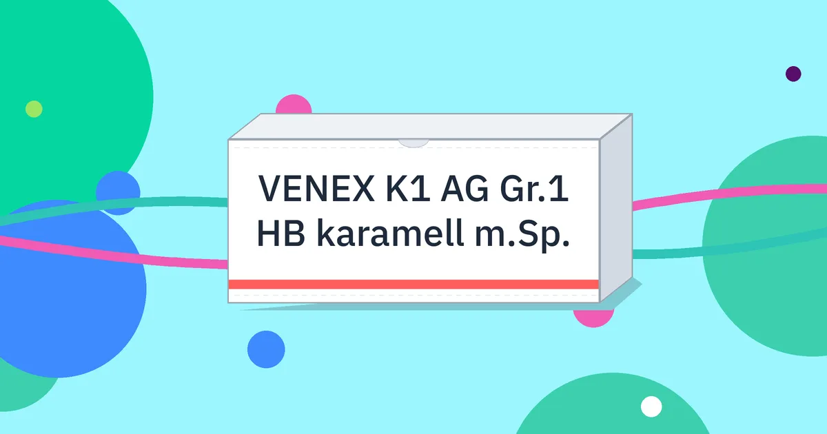Symbolbild: Packung mit der Aufschrift VENEX K1 AG Gr.1 HB karamell m.Sp. (PZN 13757549) – Verfügbarkeit und Bezug in Apotheken in Frankfurt am Main