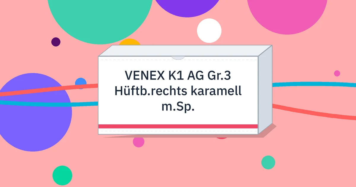 Symbolbild: Packung mit der Aufschrift VENEX K1 AG Gr.3 Hüftb.rechts karamell m.Sp. (PZN 13760824) – Verfügbarkeit und Bezug in Apotheken in Frankfurt am Main