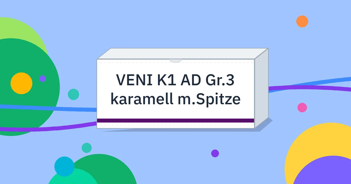 Symbolbild: Packung mit der Aufschrift VENI K1 AD Gr.3 karamell m.Spitze (PZN 13756030) – Verfügbarkeit und Bezug in Apotheken in Frankfurt am Main