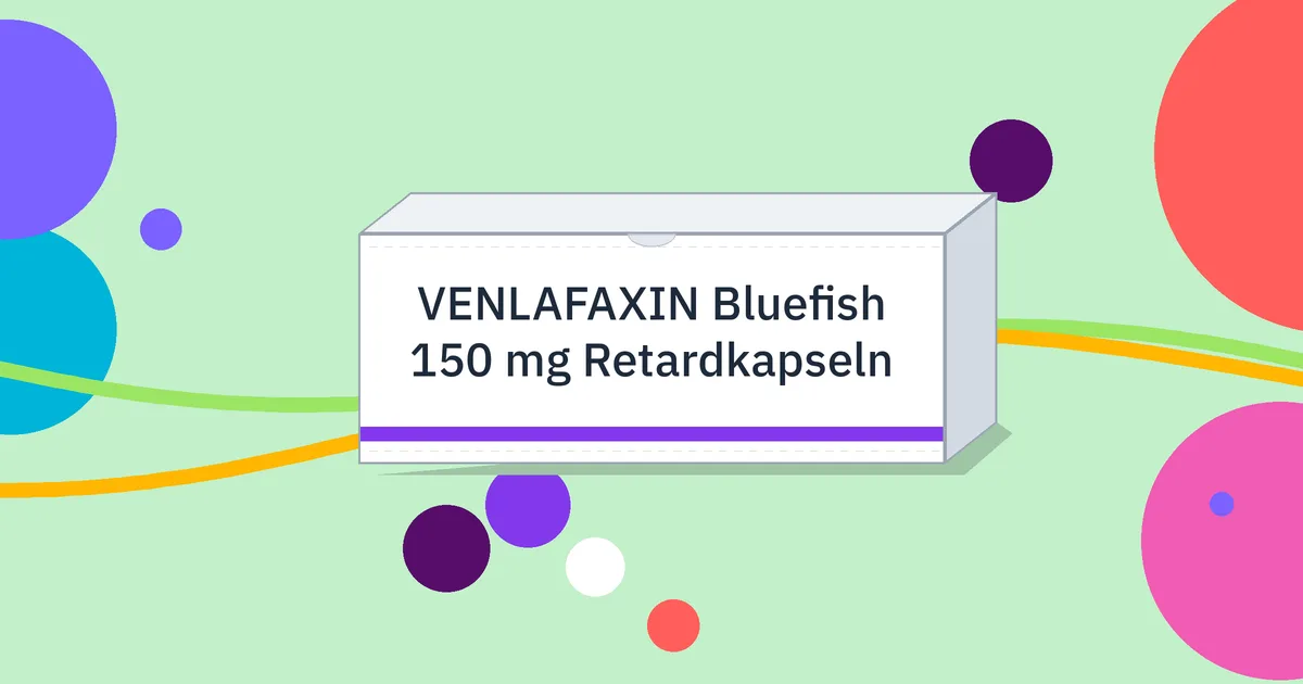 Symbolbild: Packung mit der Aufschrift VENLAFAXIN Bluefish 150 mg Retardkapseln (PZN 01998437) – Verfügbarkeit und Bezug in Apotheken in Frankfurt am Main