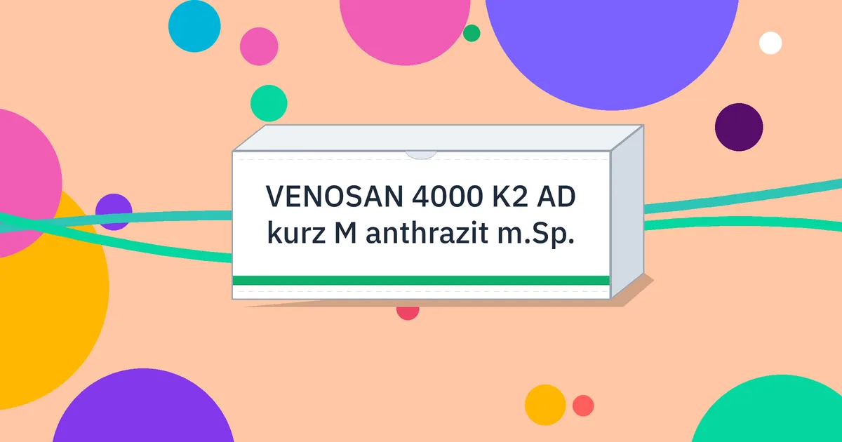 Symbolbild: Packung mit der Aufschrift VENOSAN 4000 K2 AD kurz M anthrazit m.Sp. (PZN 16601629) – Verfügbarkeit und Bezug in Apotheken in Frankfurt am Main