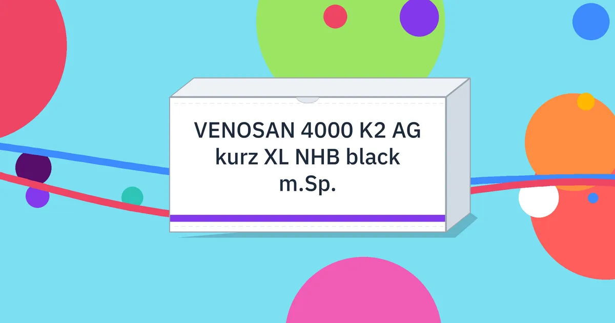 Symbolbild: Packung mit der Aufschrift VENOSAN 4000 K2 AG kurz XL NHB black m.Sp. (PZN 14427989) – Verfügbarkeit und Bezug in Apotheken in Frankfurt am Main