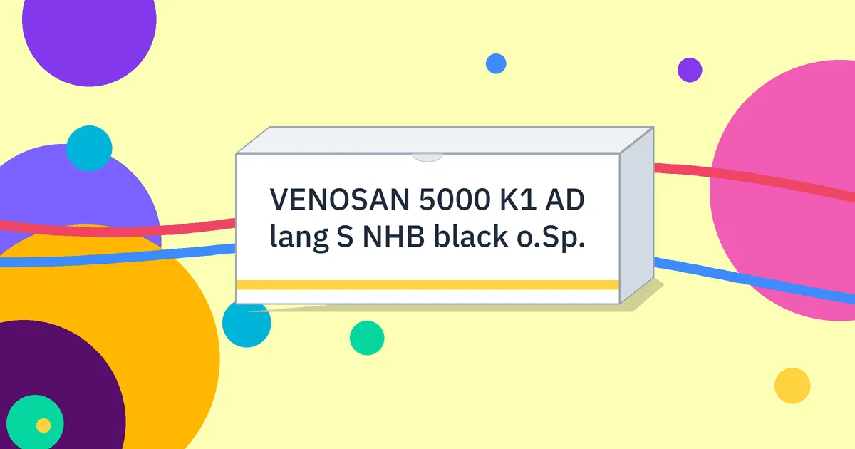Symbolbild: Packung mit der Aufschrift VENOSAN 5000 K1 AD lang S NHB black o.Sp. (PZN 14432588) – Verfügbarkeit und Bezug in Apotheken in Frankfurt am Main