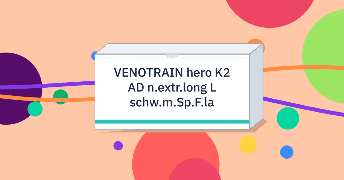 Symbolbild: Packung mit der Aufschrift VENOTRAIN hero K2 AD n.extr.long L schw.m.Sp.F.la (PZN 19189968) – Verfügbarkeit und Bezug in Apotheken in Frankfurt am Main