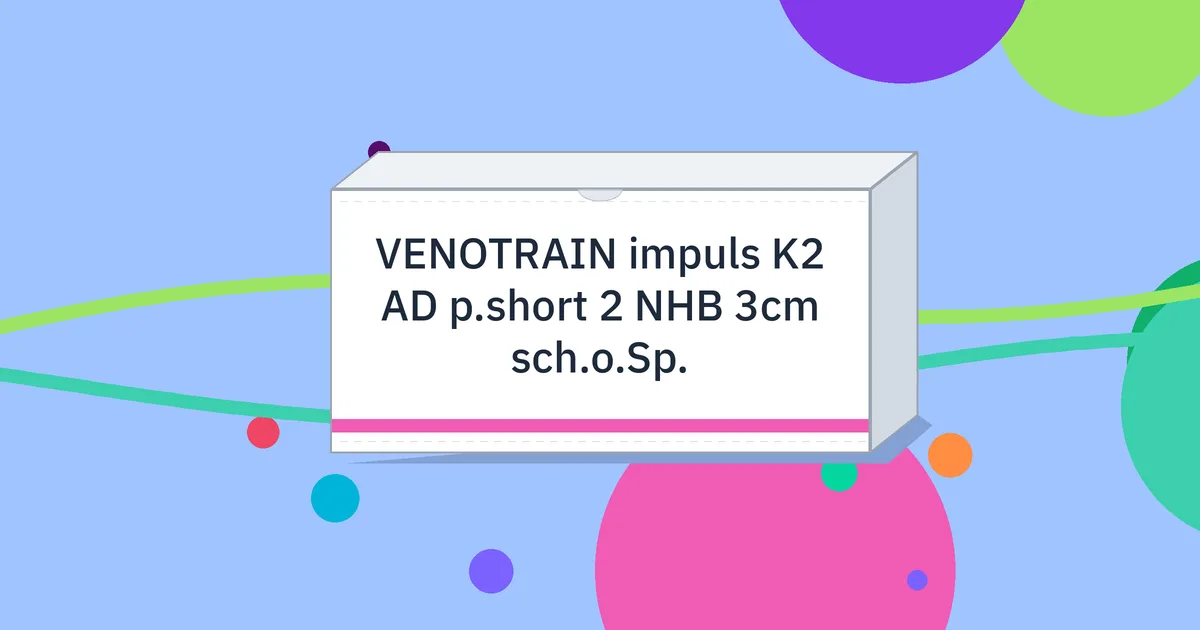 Symbolbild: Packung mit der Aufschrift VENOTRAIN impuls K2 AD p.short 2 NHB 3cm sch.o.Sp. (PZN 00653699) – Verfügbarkeit und Bezug in Apotheken in Frankfurt am Main