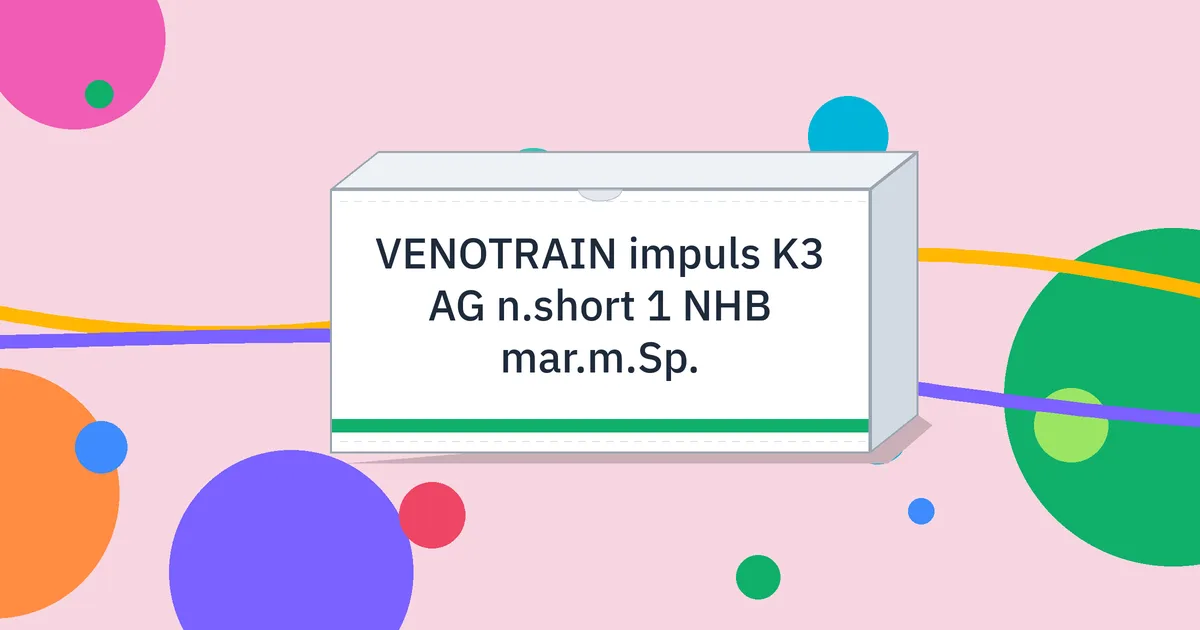 Symbolbild: Packung mit der Aufschrift VENOTRAIN impuls K3 AG n.short 1 NHB mar.m.Sp. (PZN 15215195) – Verfügbarkeit und Bezug in Apotheken in Frankfurt am Main
