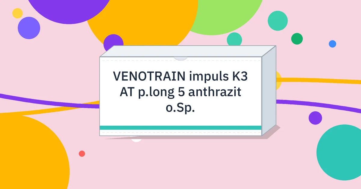 Symbolbild: Packung mit der Aufschrift VENOTRAIN impuls K3 AT p.long 5 anthrazit o.Sp. (PZN 19357236) – Verfügbarkeit und Bezug in Apotheken in Frankfurt am Main