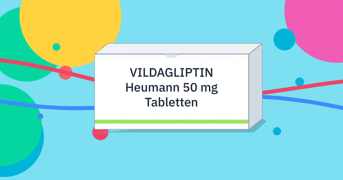 Symbolbild: Packung mit der Aufschrift VILDAGLIPTIN Heumann 50 mg Tabletten (PZN 17367414) – Verfügbarkeit und Bezug in Apotheken in Frankfurt am Main