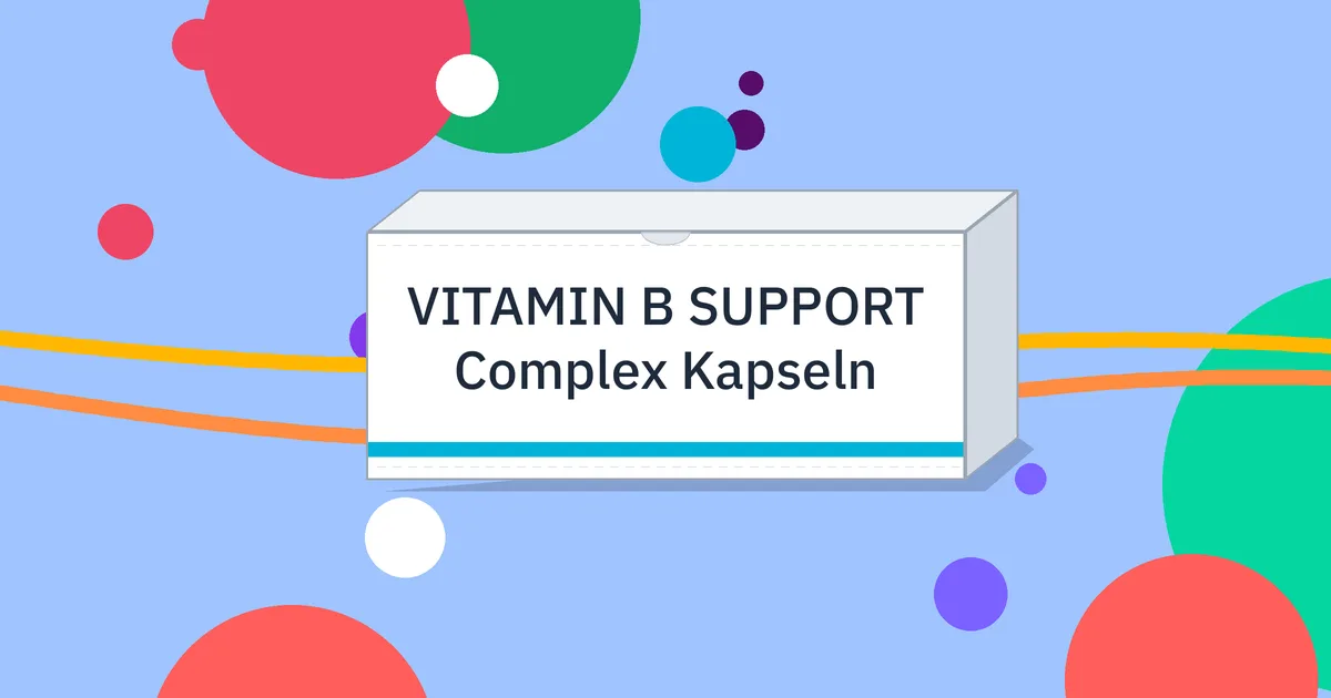 Symbolbild: Packung mit der Aufschrift VITAMIN B SUPPORT Complex Kapseln (PZN 19636611) – Verfügbarkeit und Bezug in Apotheken in Frankfurt am Main