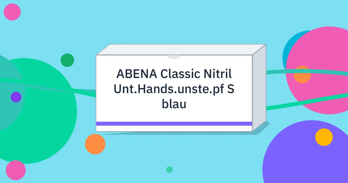 Symbolbild: Packung mit der Aufschrift ABENA Classic Nitril Unt.Hands.unste.pf S blau (PZN 17416897) – Verfügbarkeit und Bezug in Apotheken in Frankfurt am Main